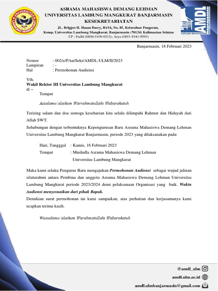 Permohonan Audiensi Asrama Mahasiswa ULM | PDF