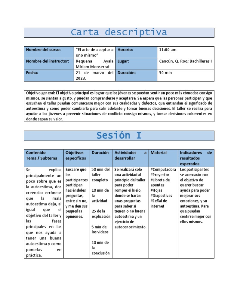 Carta Descriptiva 2 PDF | PDF | Autoestima | Ciencia cognitiva