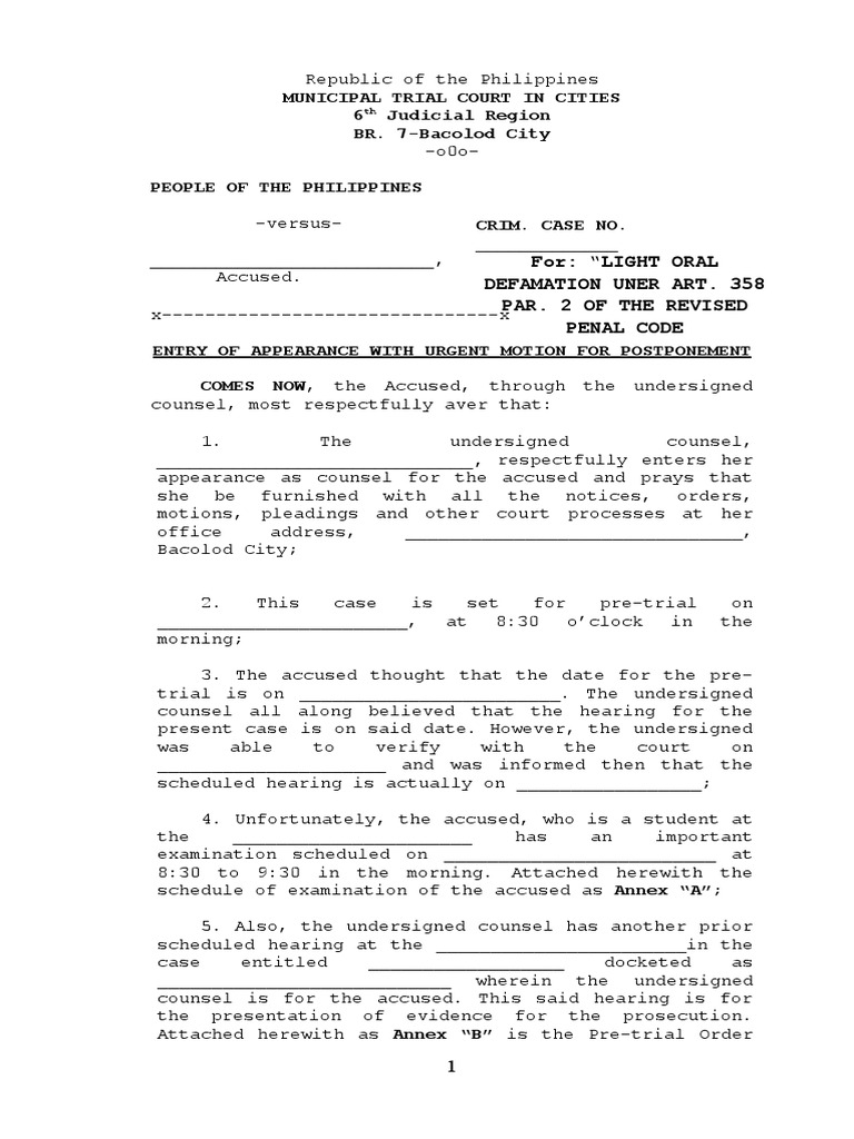 Urgent Motion For Postponement | Download Free PDF | Trials | Lawsuit