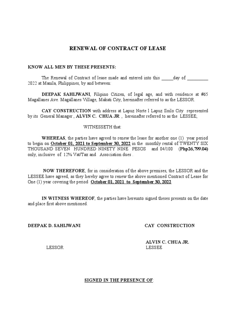 Renewal of Contract of Lease of Asia Pacific 2022 | PDF | Lease | Makati