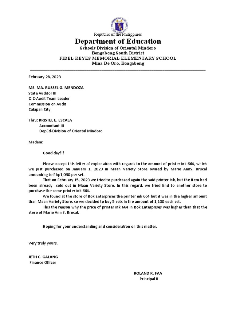 Letter of Explanation MOOE | PDF