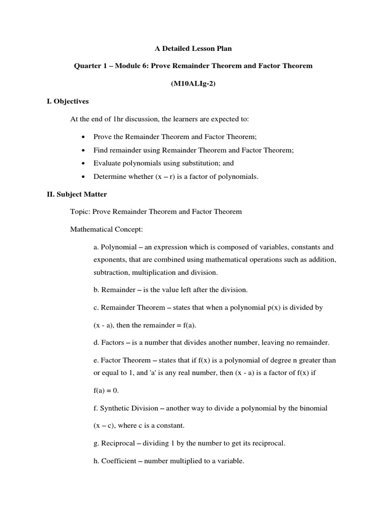 DLP Remainder and Factors Theorem | PDF | Factorization | Polynomial