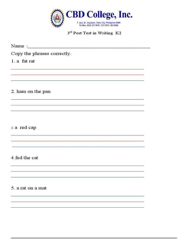3rd Post Test in Writing K2. | PDF
