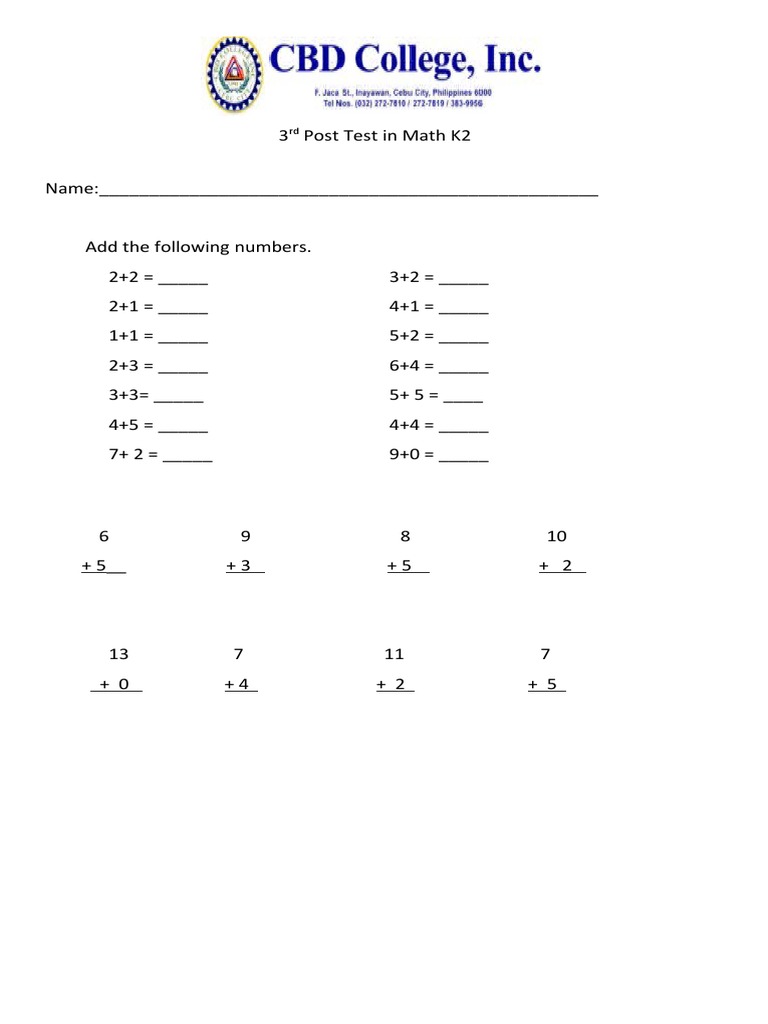 3rd Post Test in Math K2 | PDF