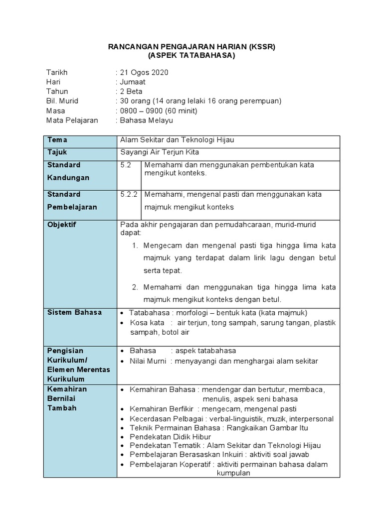 RPH Aspek Tatabahasa (Kata Majmuk) Tahun 2 | PDF