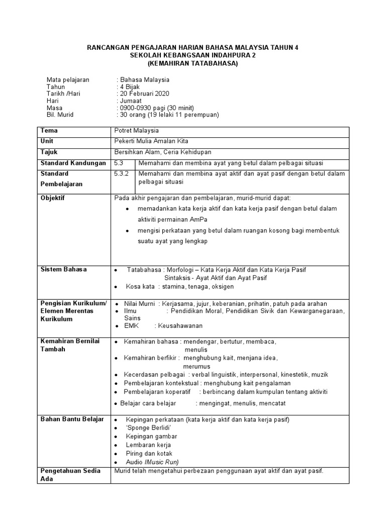 RPH Aspek Tatabahasa (Bina Ayat) Tahun 4 | PDF