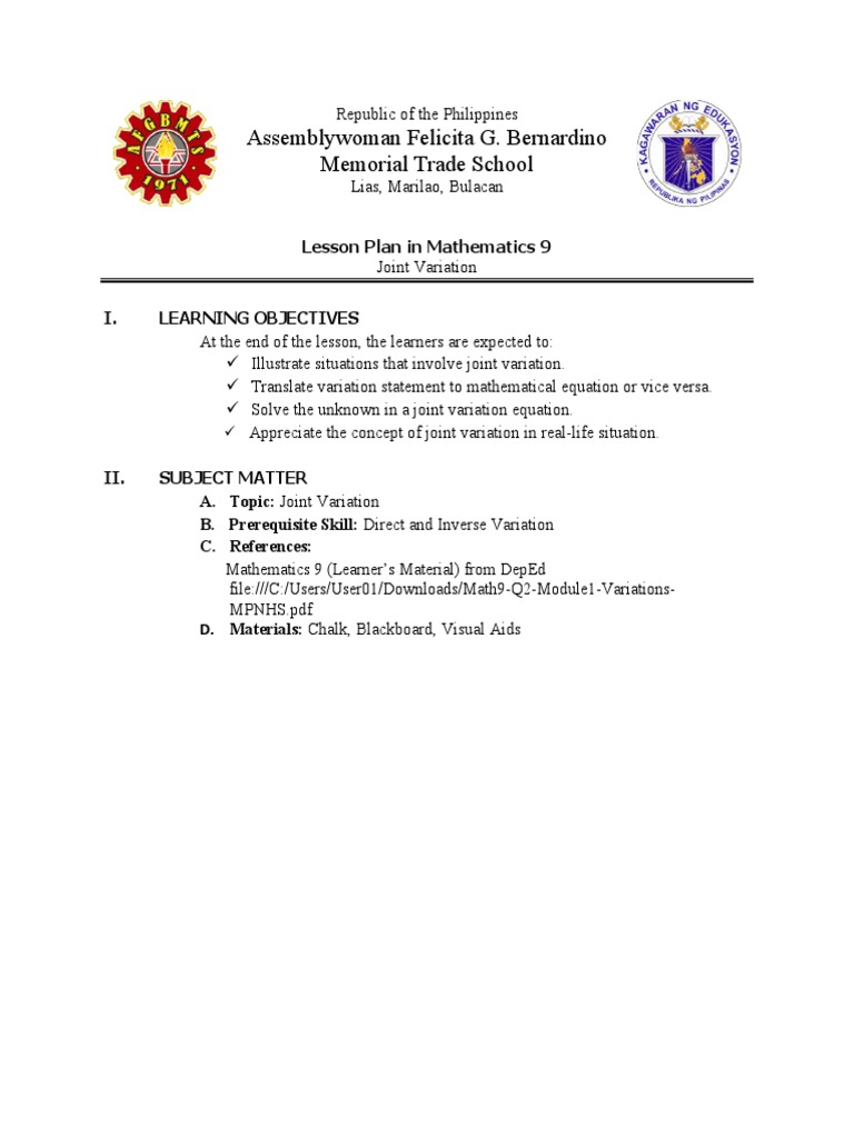 Lesson Plan - Joint Variation | PDF | Area | Variable (Mathematics)