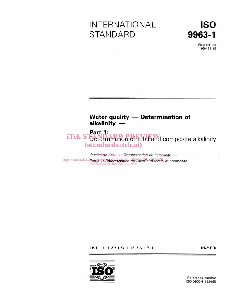 ISO-9963-1-1994 Alkalinity in Water | PDF | Titration | Chemistry