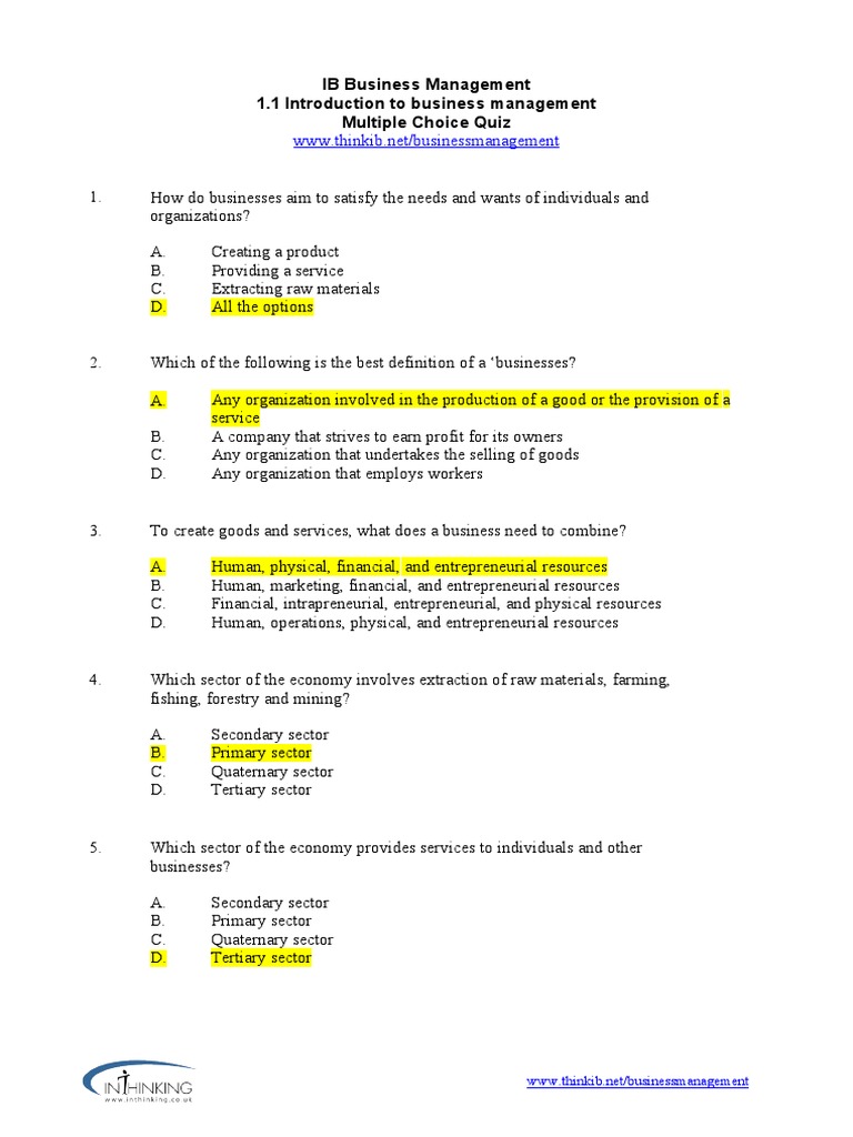 Business Management MCQ Quiz Guide | PDF | Entrepreneurship | Startup ...