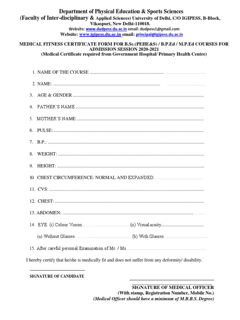 Medical Fitness Certificate Form for Admission | PDF | Social Programs ...