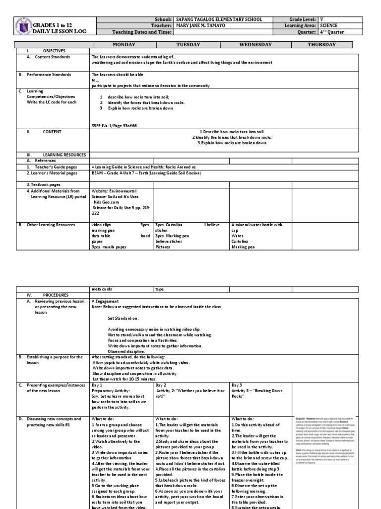 Grade 5 DLL SCIENCE 5 Q4 Week 1 | PDF | Teachers | Classroom