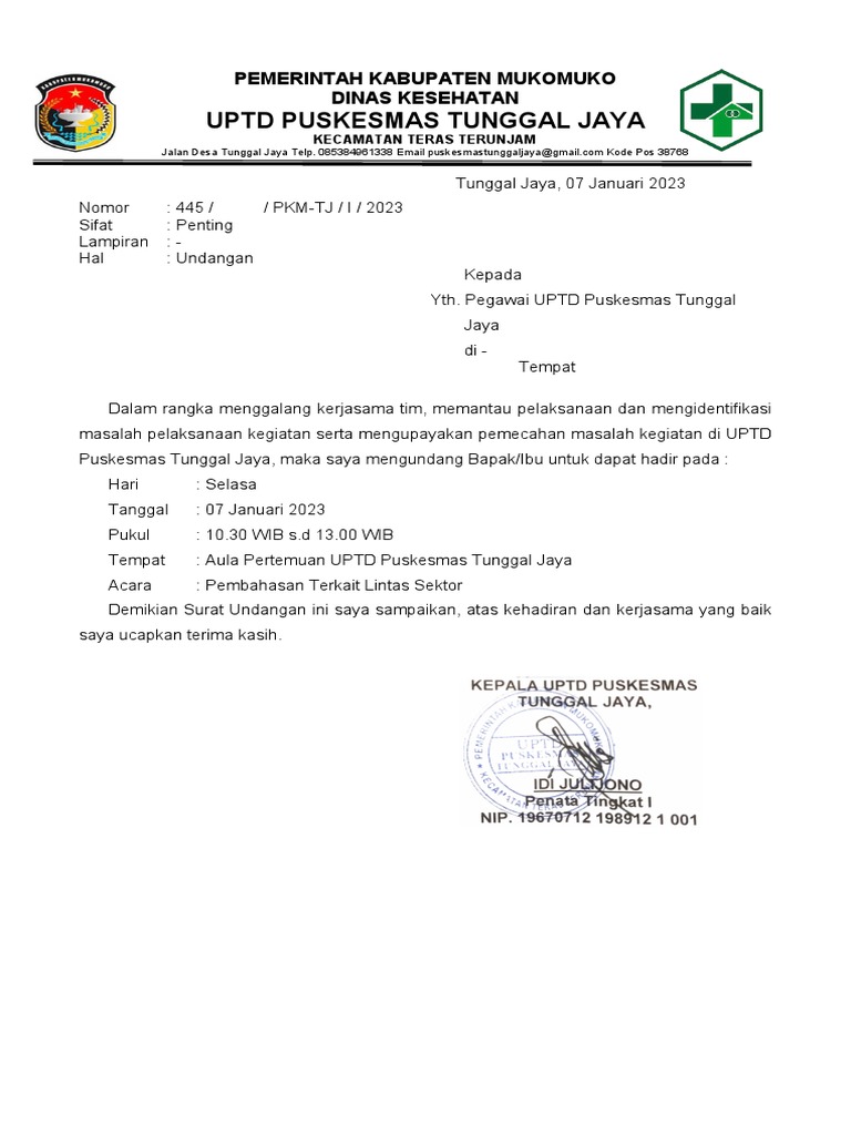 Puskesmas Tunggal Jaya Undang Pegawai Rapat Lintas Sektor | PDF