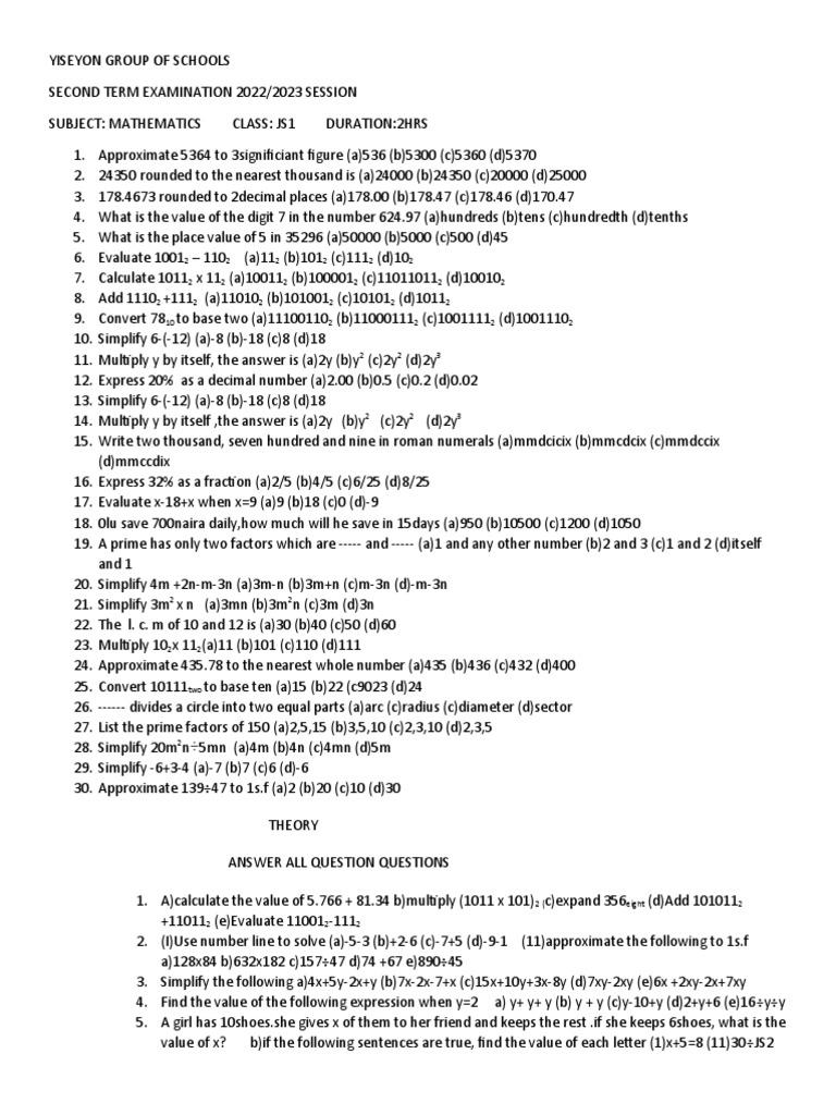 YISEYON GROUP OF SCHOOLS Mathematics js1 | PDF | Numbers | Multiplication