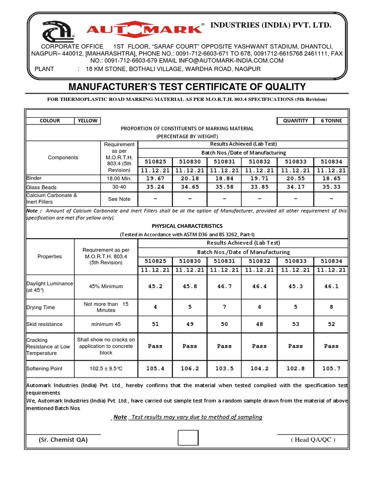 Thermoplastic Yellow Paint MTC | PDF | Industrial Processes | Chemical Substances