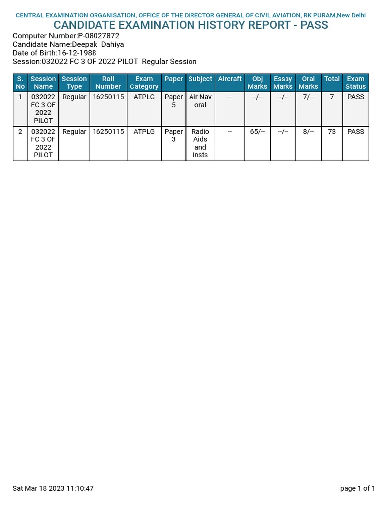 Candidate Examination History Report - Pass PDF | PDF