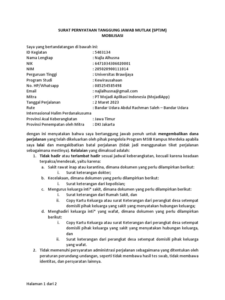 (MSIB) SPTJM - Mobilisasi | PDF