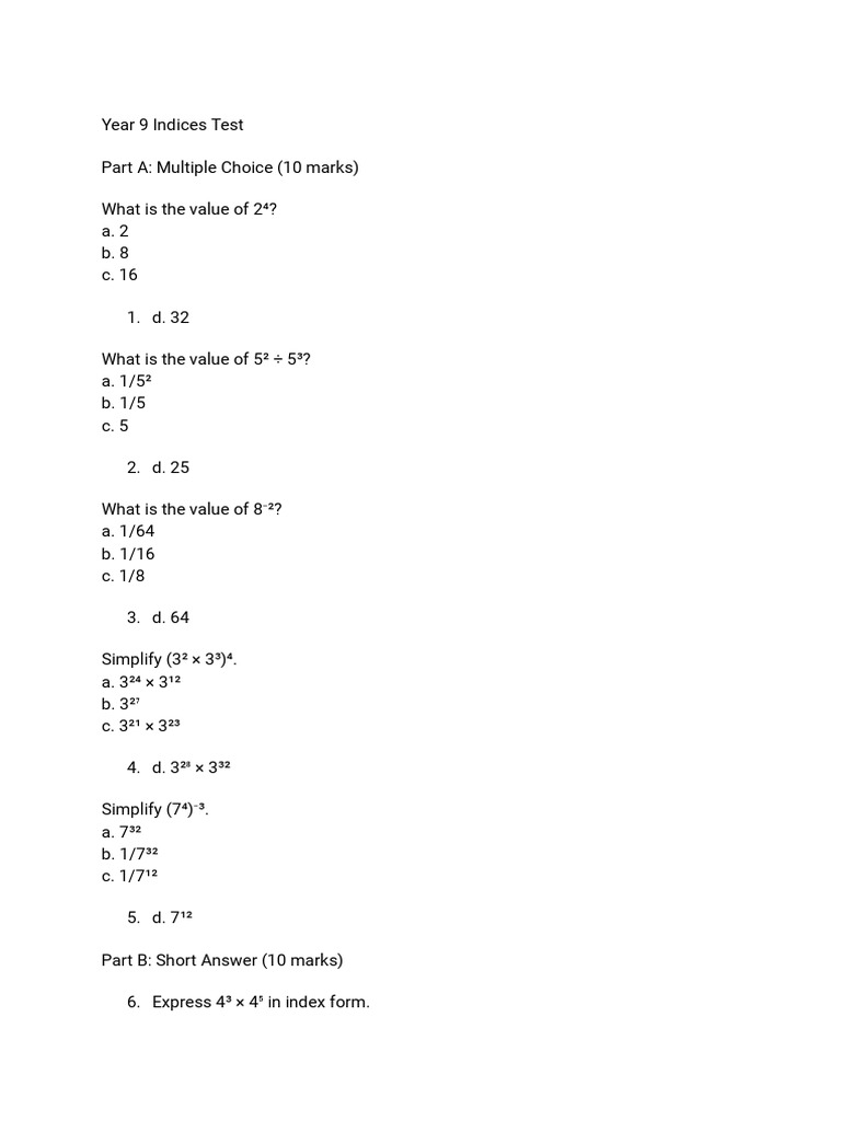 Year 9 Indices Test | PDF