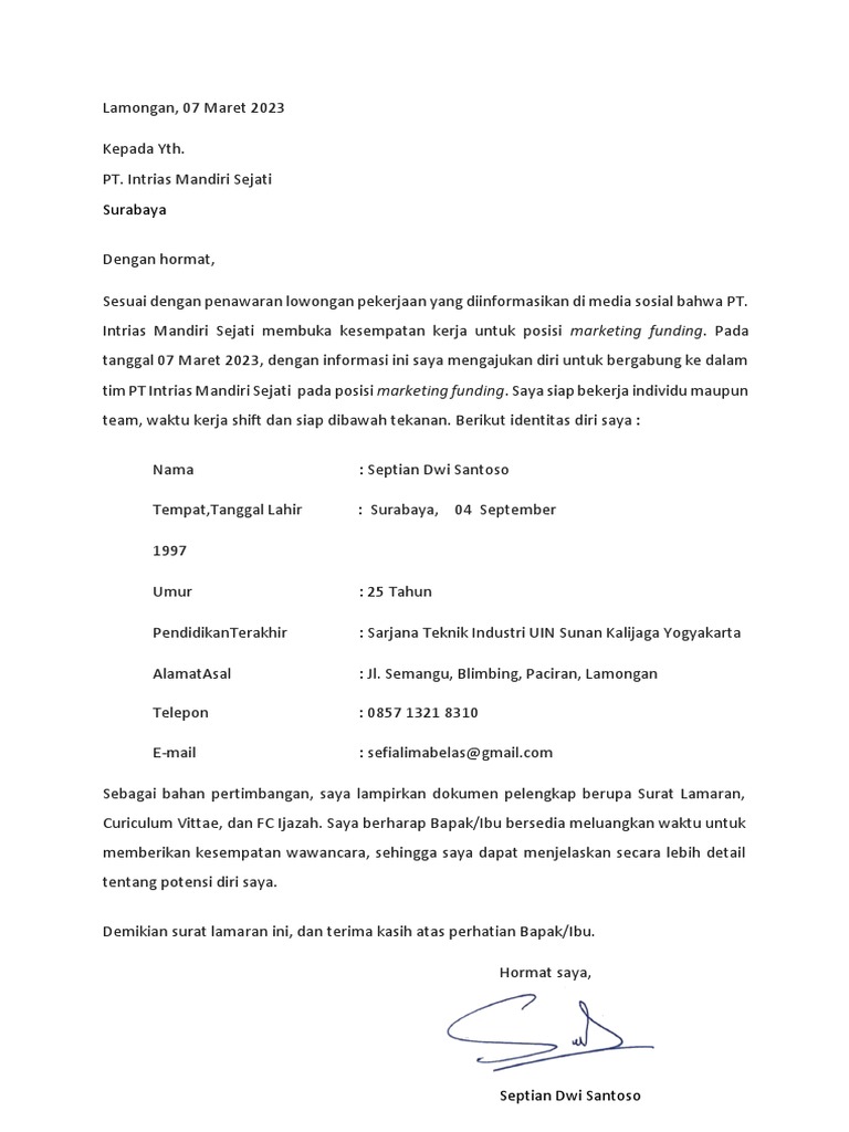 Lamaran - Marketing - PT IMS | PDF