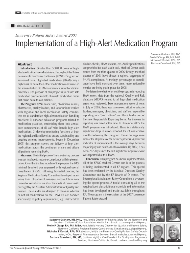 Implementation of A High-Alert Medication Program: Lawrence Patient ...