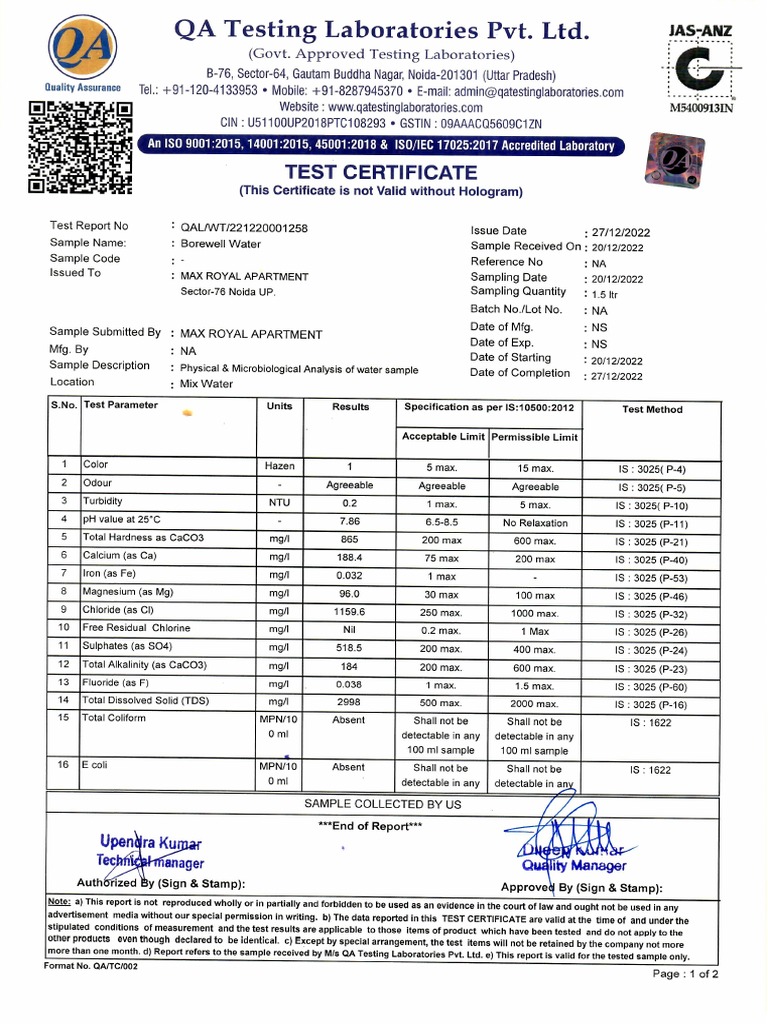Water Test Report PDF | PDF