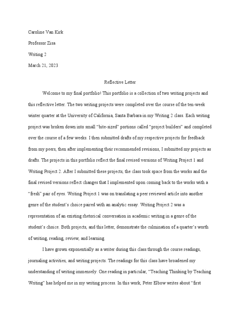 Writ 2 Final Portfolio Reflective Letter | PDF | Metacognition | Experience