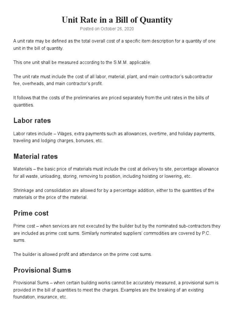 Unit Rate in A Bill of Quantity - Civil Engineering Lectures | PDF ...