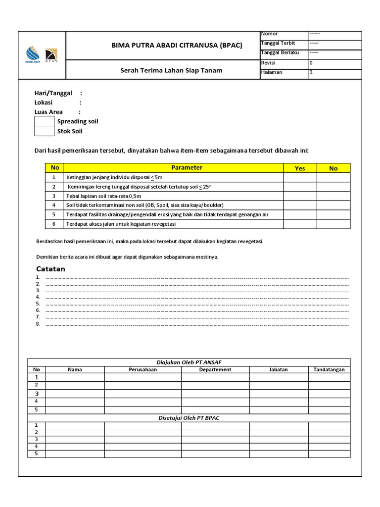 Form Pengecekkan Area Siap Tanam & Stok Soil-BPAC | PDF