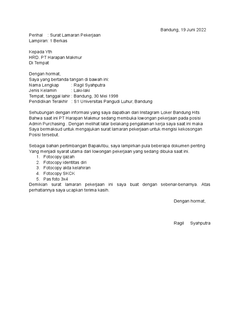 Contoh Surat Lamaran Admin Pekerjaan | PDF