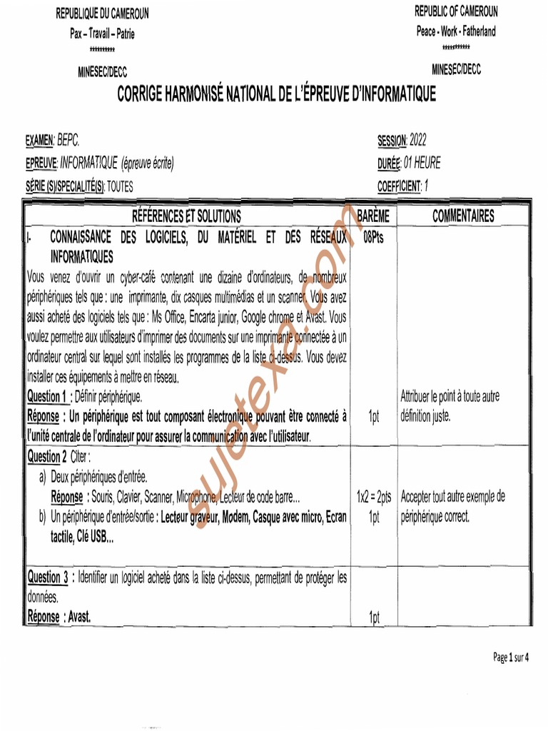 Corrigé Harmonisé National - Bepc Session 2022 Informatique Cameroun | PDF Corrigé Harmonisé National - Bepc Session 2022 Informatique Cameroun | PDF