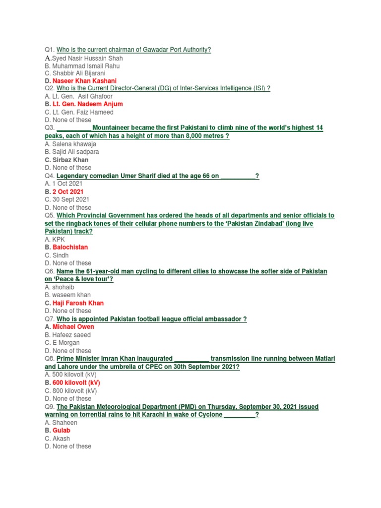 A Collection of Current Affairs Questions Covering Politics, Sports ...