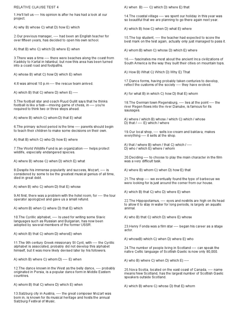 Relative Clause Test 4 | PDF | Scotland | Linguistics