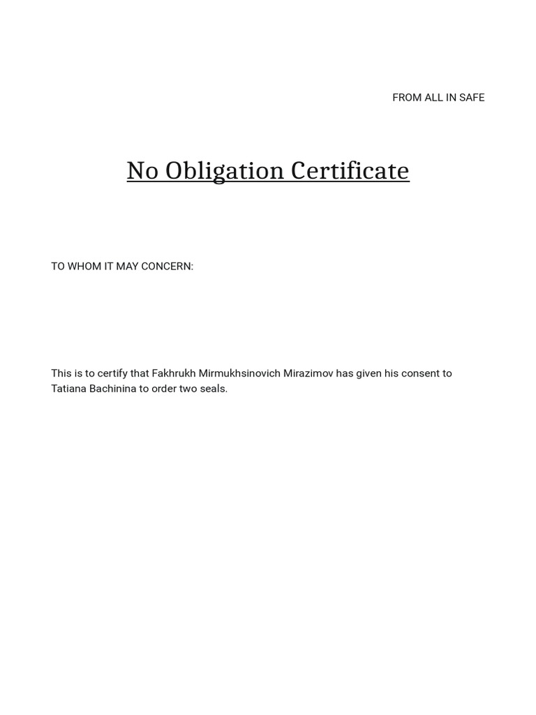 No Obligation Certificate: From All in Safe | PDF