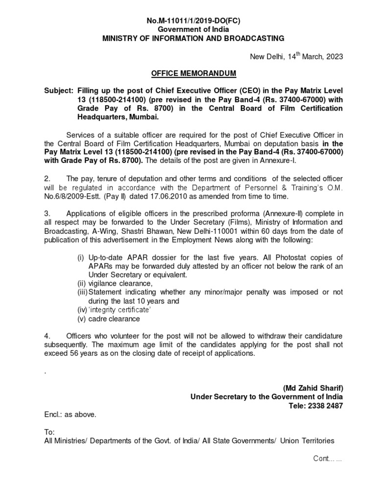 Vacancy Notification Circular CEO CBFC - 2023 | PDF | Government | Justice