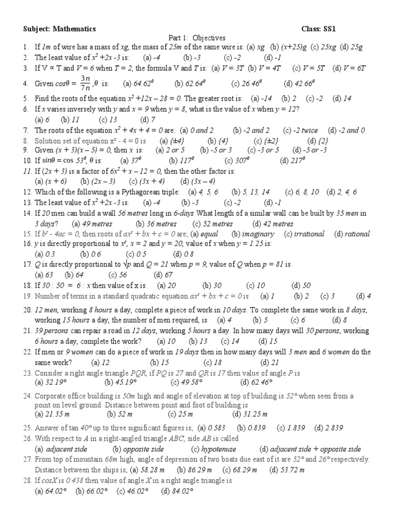 SS1 Maths | PDF | Mathematical Concepts | Mathematical Objects