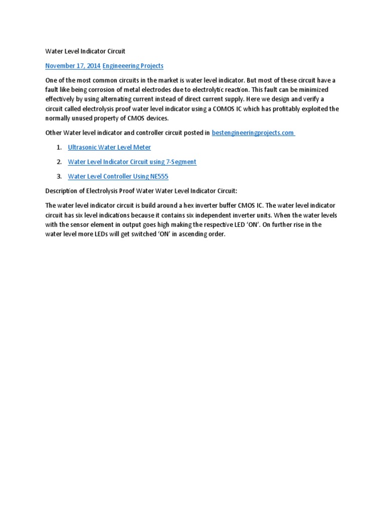 Water Level Indicator Circuit Pdf Electrical Network Cmos
