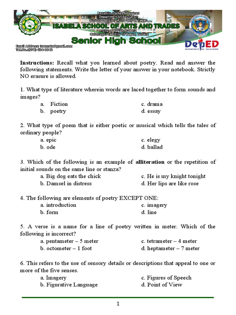 Instructions: Recall What You Learned About Poetry. Read and Answer The ...