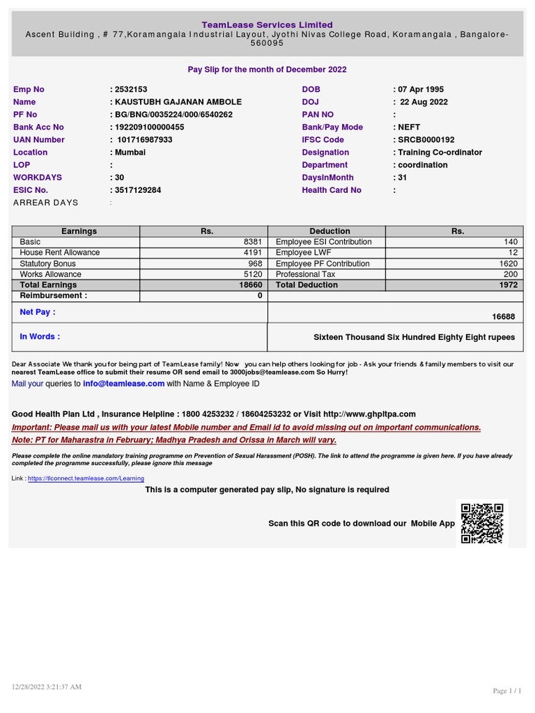 December 2022 Pay Slip - Kaustubh Ambole | PDF