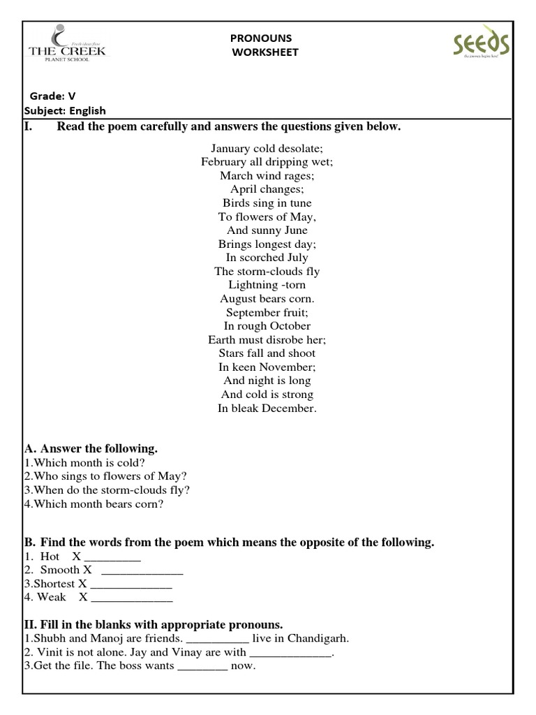 Grade 5 - Pronouns - Worksheet | PDF | Pronoun | Languages