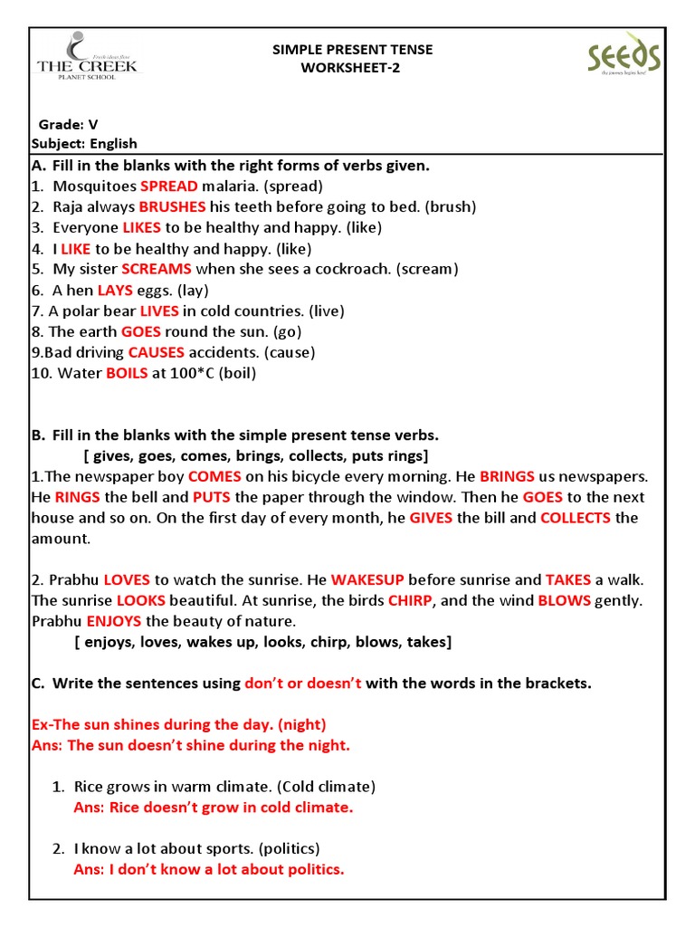 Grade 5 - Simple Present Tense - Answer Key | PDF