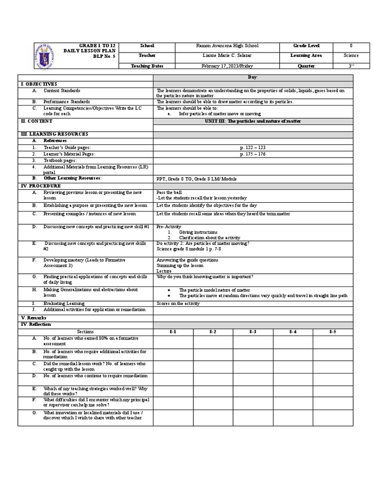 DLP Science 8 Wk1D5 3rd QTR | PDF | Learning | Cognitive Psychology