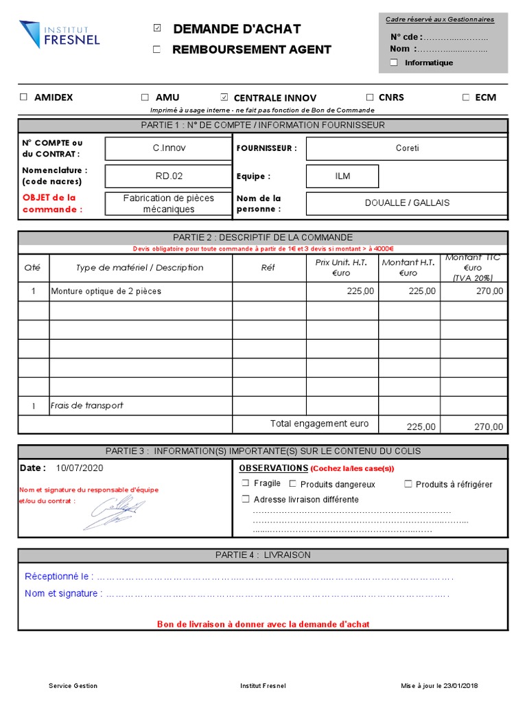 Demande Achat Support DOE | PDF