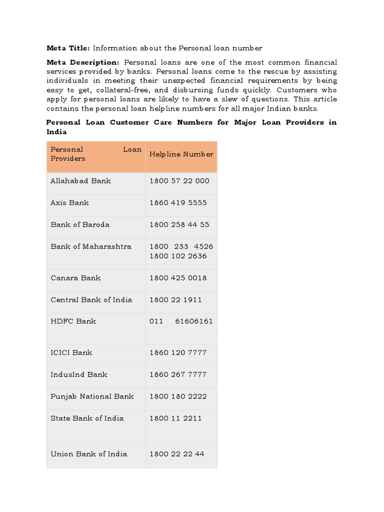 Meta Title: Information About The Personal Loan Number Meta Description: Personal Loans Are One ...