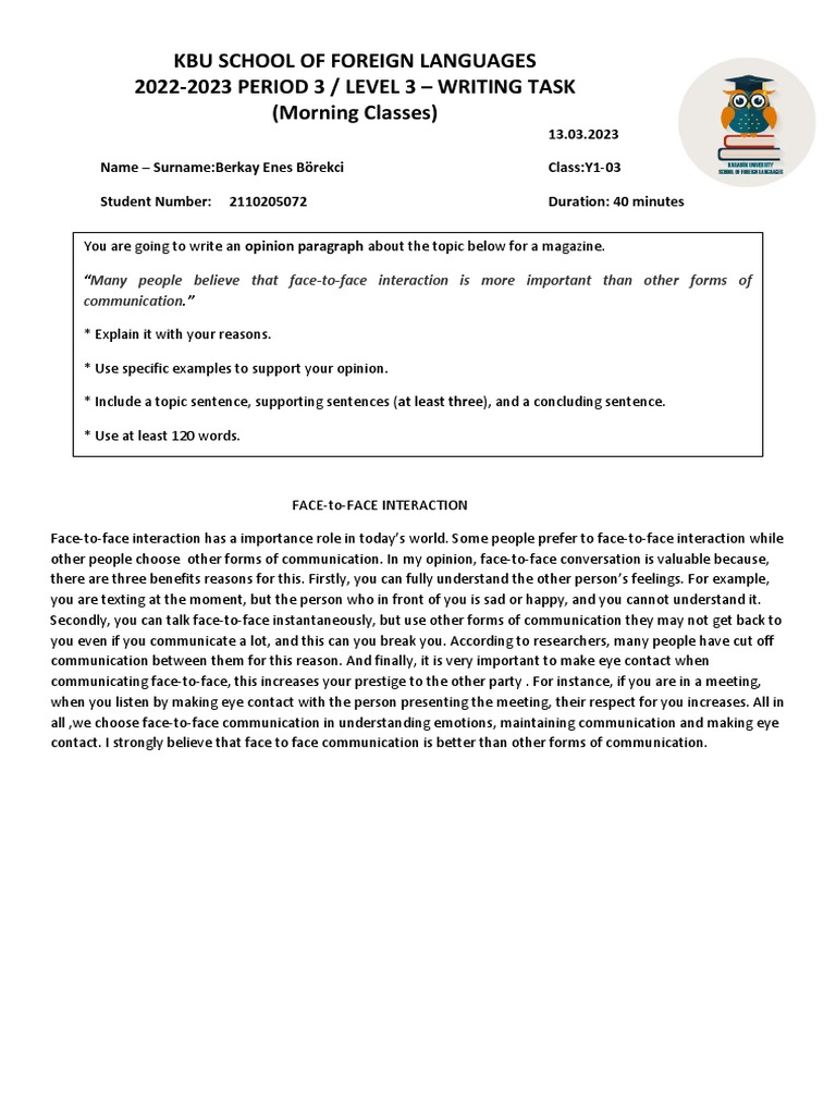 Opinion Paragraph on Face-to-Face Interaction | PDF | Social Science