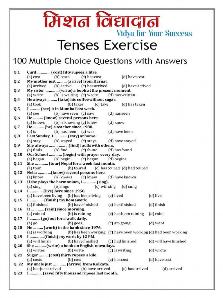 Tenses 100 Mcqs With Answer PDF | PDF