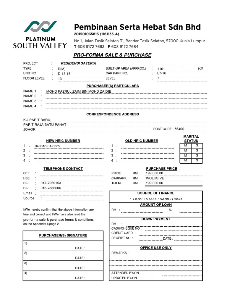 Pro-Forma Sale & Purchase: Purchaser (S) Particulars | PDF | Economies ...