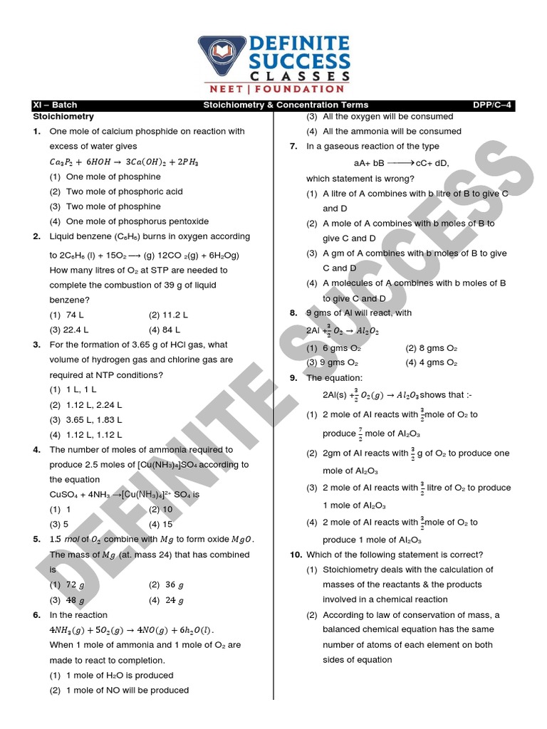 PQ 8 DPP 4 Stoichiometry & Concentration Terms 8 Aug 2022 | PDF | Mole (Unit) | Stoichiometry