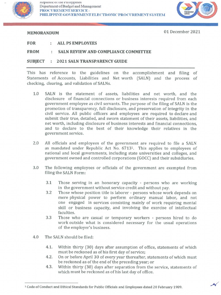 Memorandum 2021 SALN Transparency Guide PDF | PDF