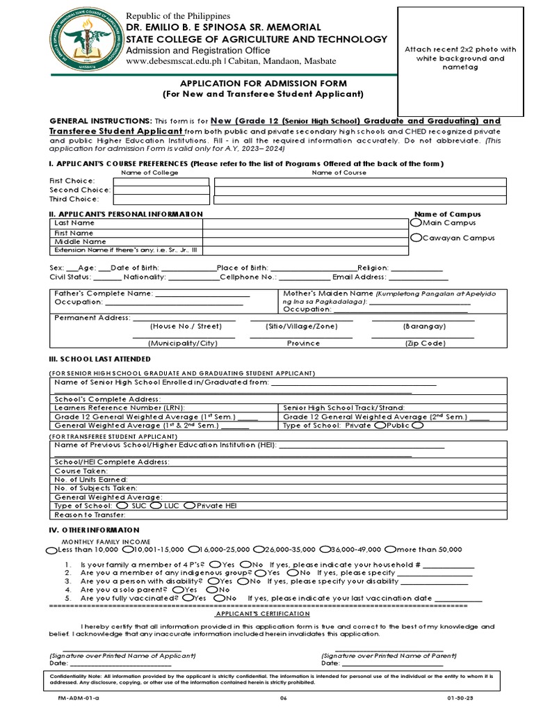 Application For Admission and Certification For Freshmen | Download Free PDF | Bachelor Of ...