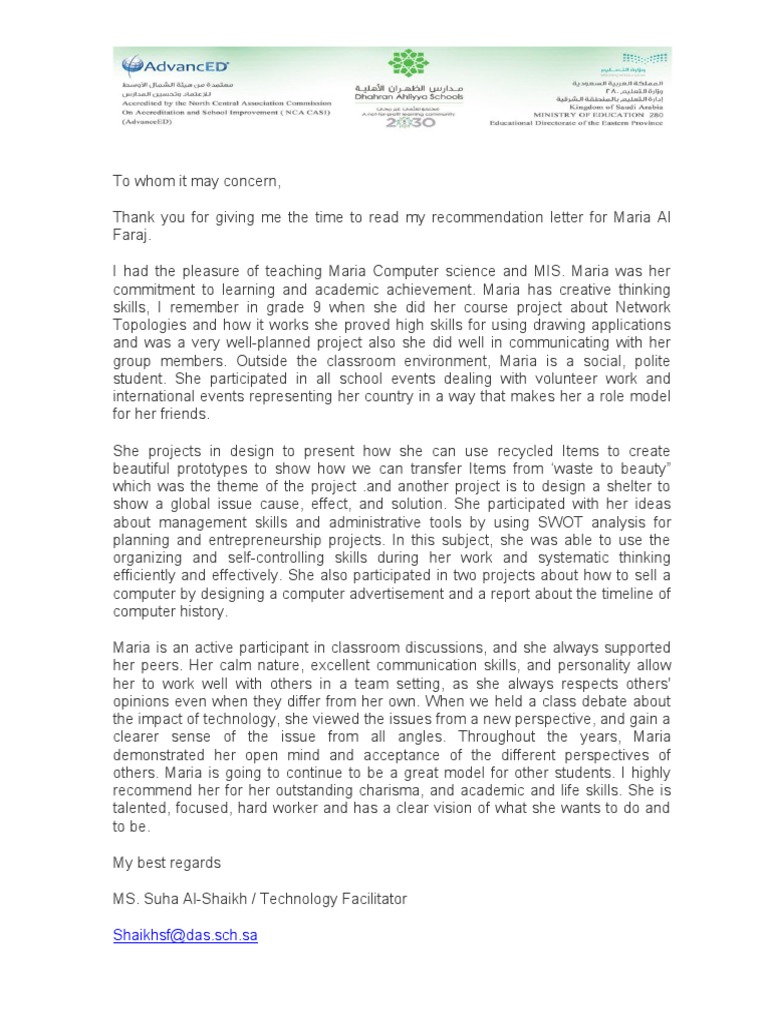 Maria Al Faraj Recomndetion Letter | PDF