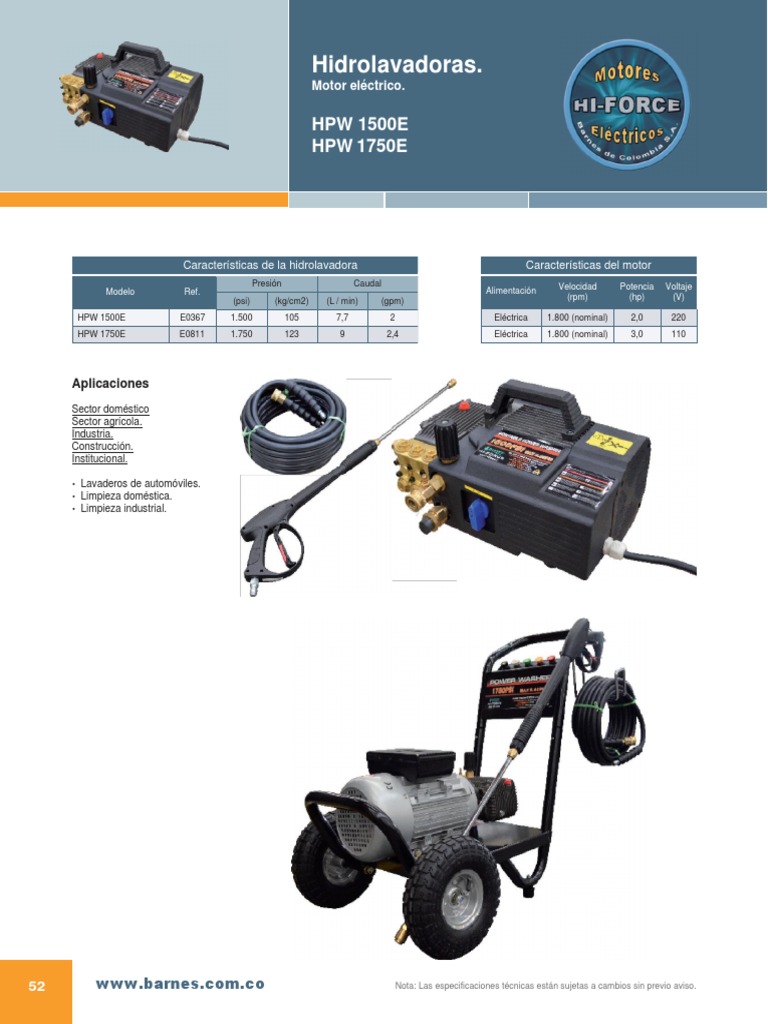 Fichas Tecnicas Hidrolavadoras Electricas | PDF